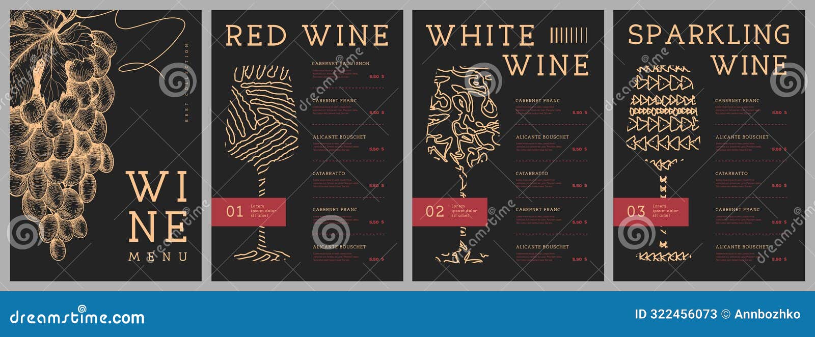 Restaurant Wine Menu Design with Wine Glasses and Grapes. Stock Vector ...
