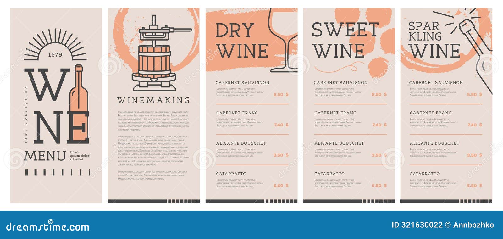 Restaurant Wine Menu Design with Wine Press and Wine Stain. Line Art ...