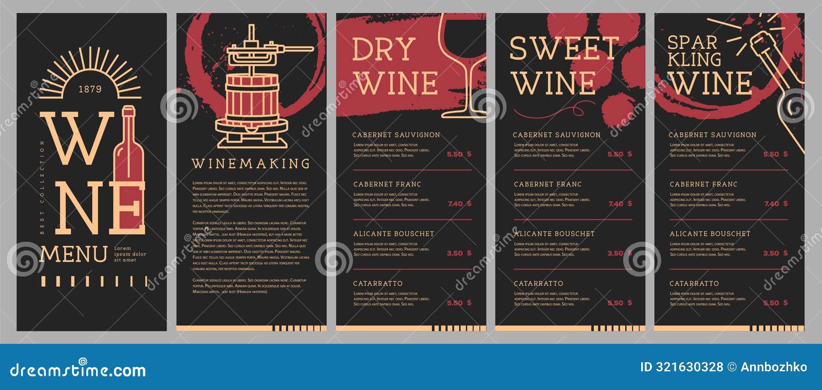 Restaurant Wine Menu Design with Wine Press and Wine Stain. Line Art ...