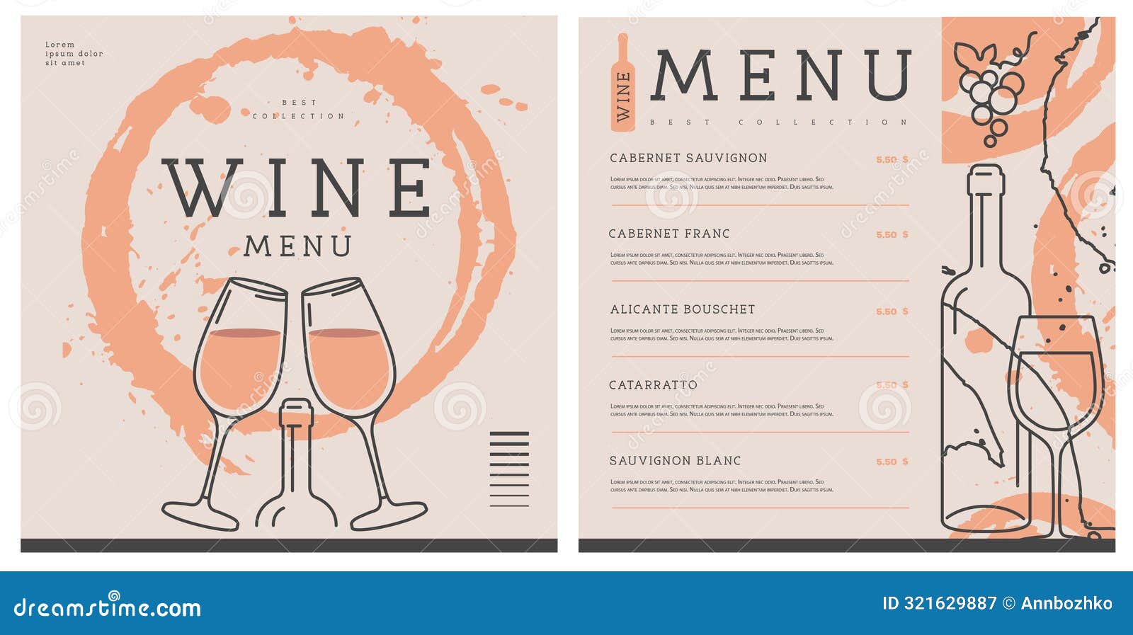Restaurant Wine Menu Design with Splash and Wine Stain. Line Art Modern ...
