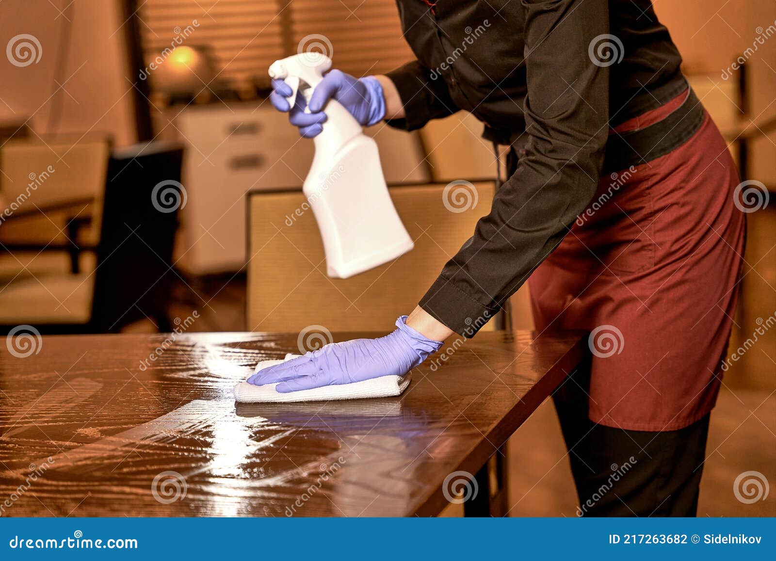 Restaurant Worker Washing a Sprayed Table with Cloth Stock Photo ...
