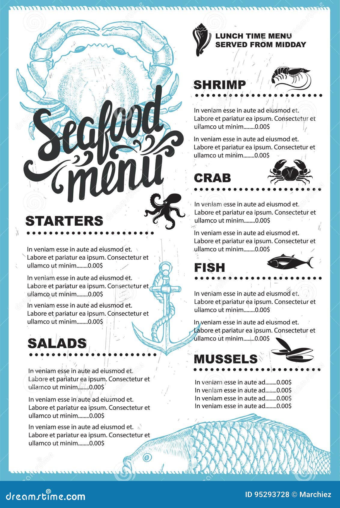 Restaurante Del Menú De Los Mariscos Ilustración del Vector ...