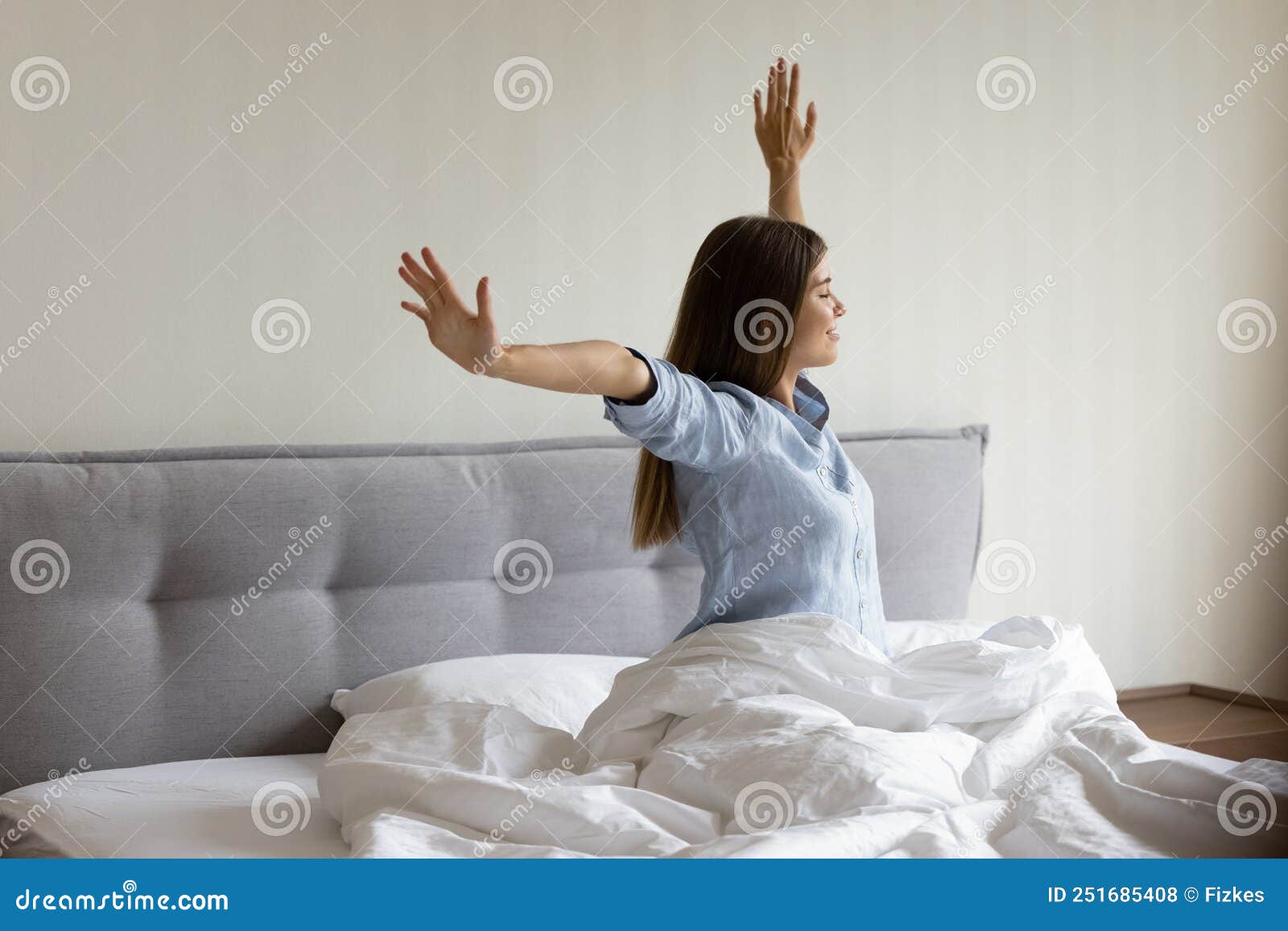 Rested After Night Sleep Woman Do Stretching Exercises In Bed Stock