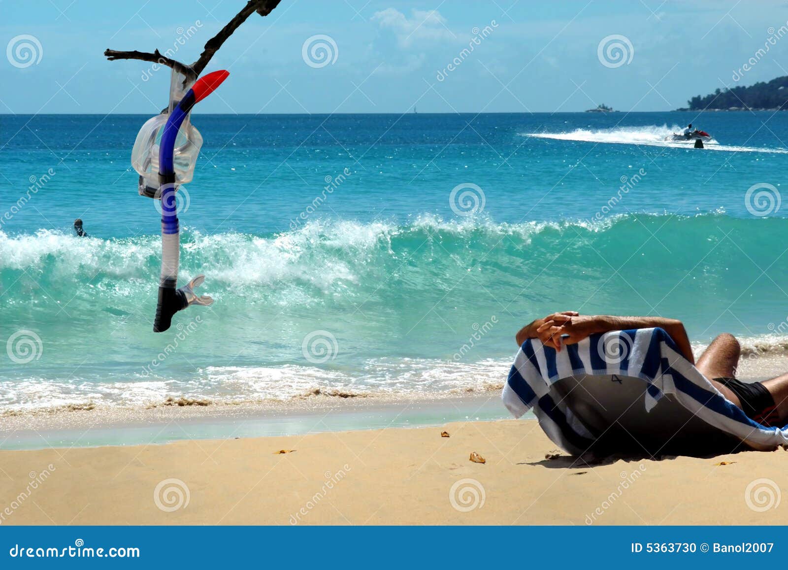 Resting Man & Diving Mask on Sea Beach. Stock Photo - Image of ...