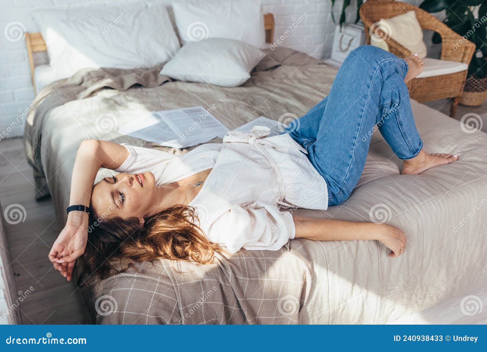 Resting Woman Lying on Bed at Home Stock Image - Image of home, back ...
