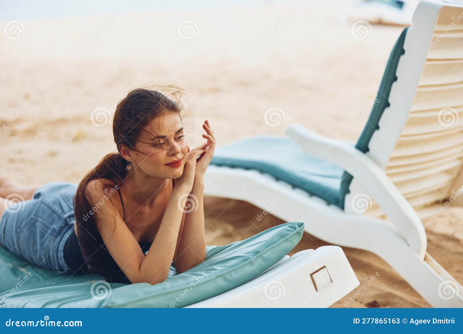 Woman Smiling Lying Sunbed Sea Ocean Sand Travel Lifestyle Resort Beach