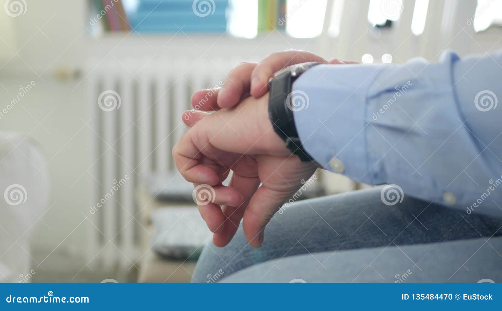 Restless Man Make Nervous Hands Gestures Look To Wristwatch Checking ...