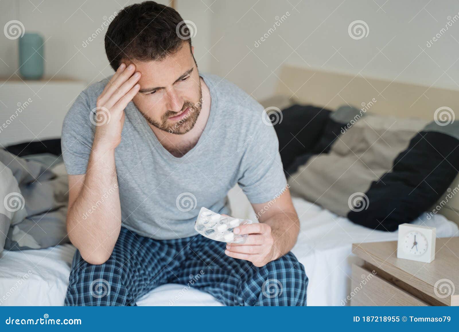 Restless Man Waking Up Early with Headache after Rough Night Stock ...