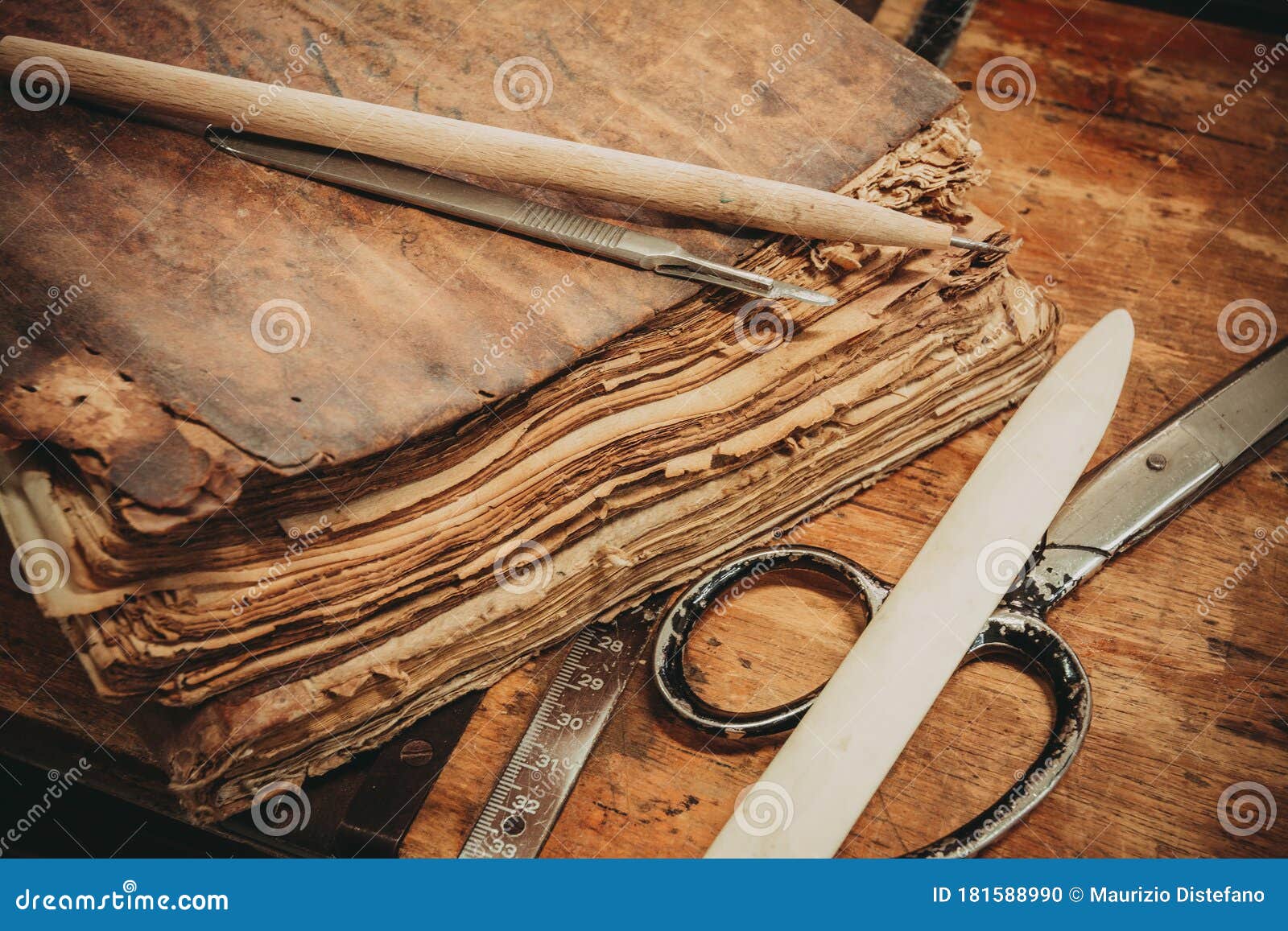 Restoration Laboratory Ancient Books Surrounded by Tools and Equipment ...