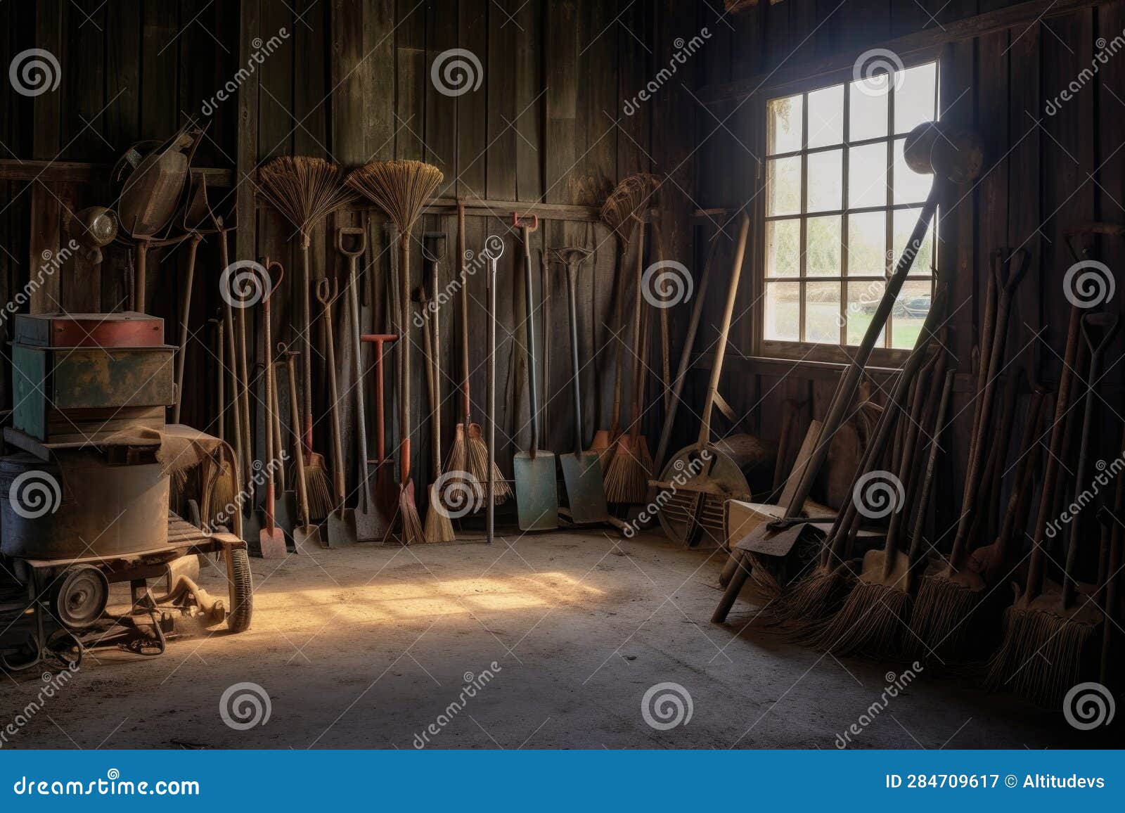 Restoration Tools and Equipment Lined Up Near Barn Stock Image - Image ...