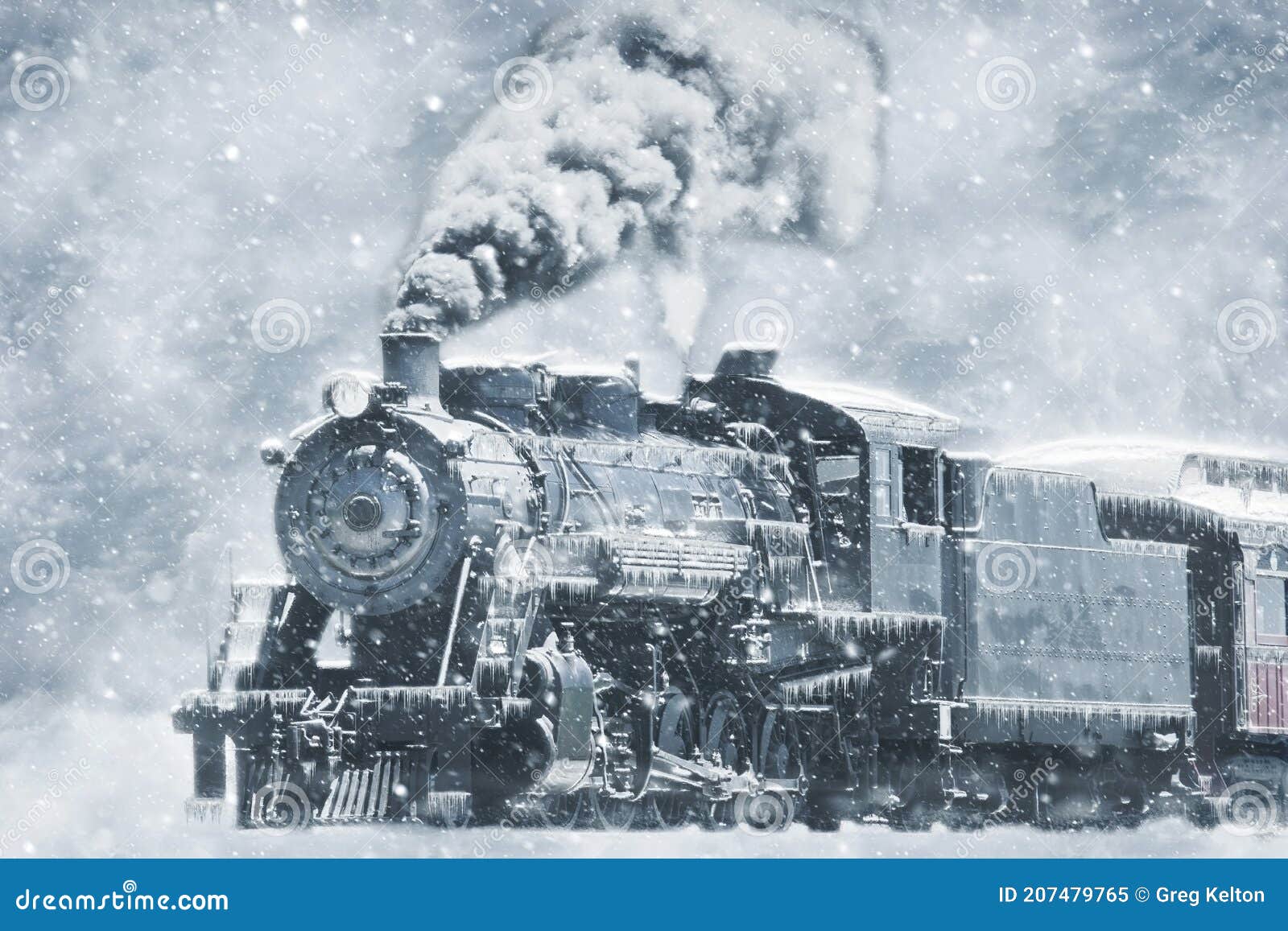 A Restored Steam Engine Steamed Up in a Snow Storm with Icicles Stock ...