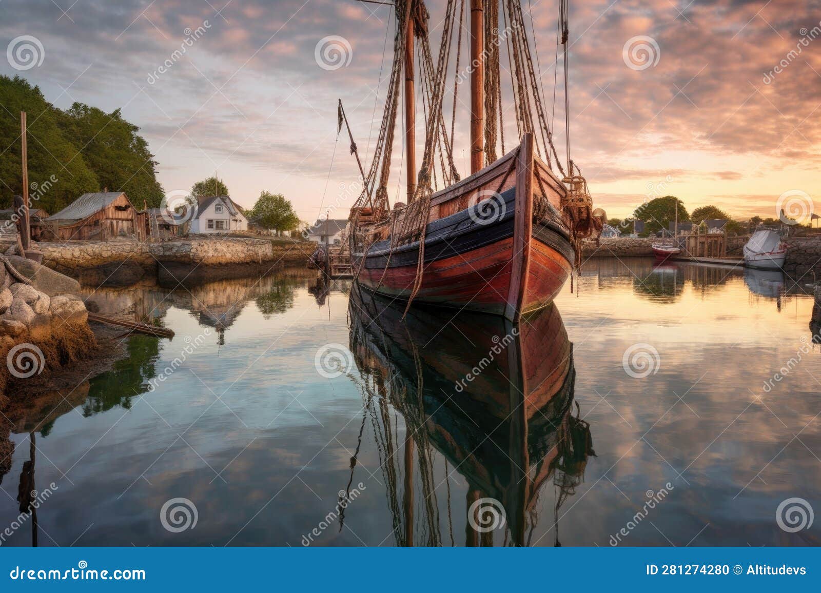 Restored Viking Ship in a Peaceful Scandinavian Harbor Stock ...