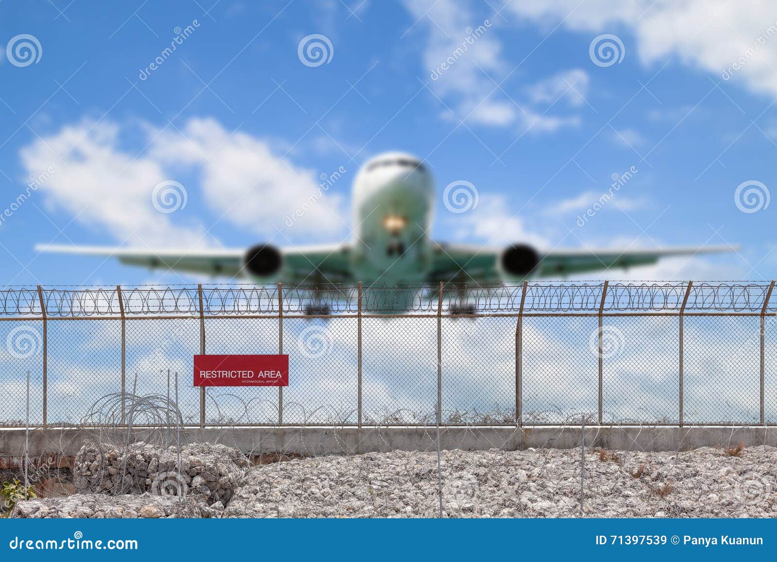 Restricted Area Fence and Passenger Airplane Landing. Stock Image ...