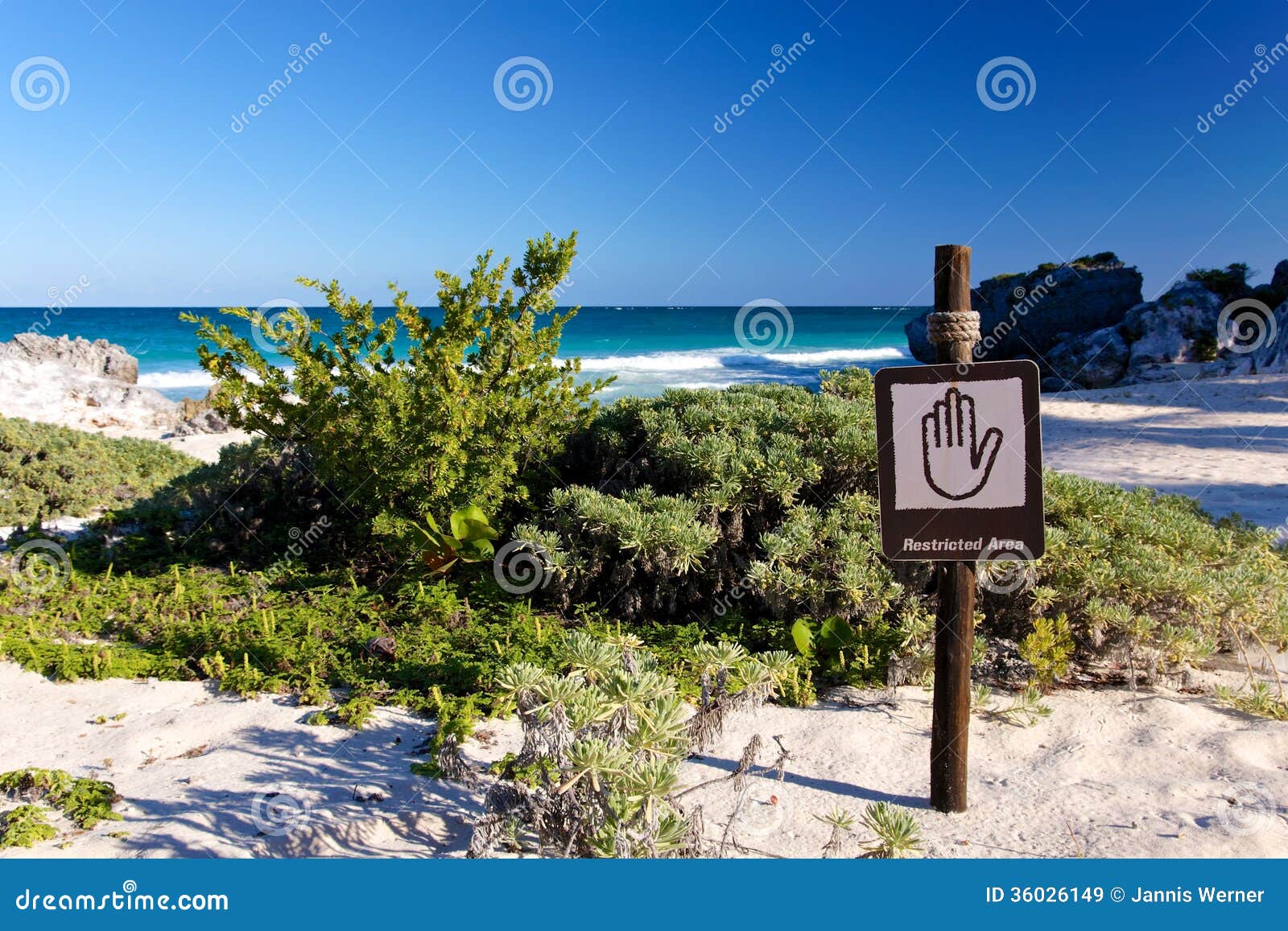 Restricted Area Sign at Caribbean Beach Stock Image - Image of mayan ...