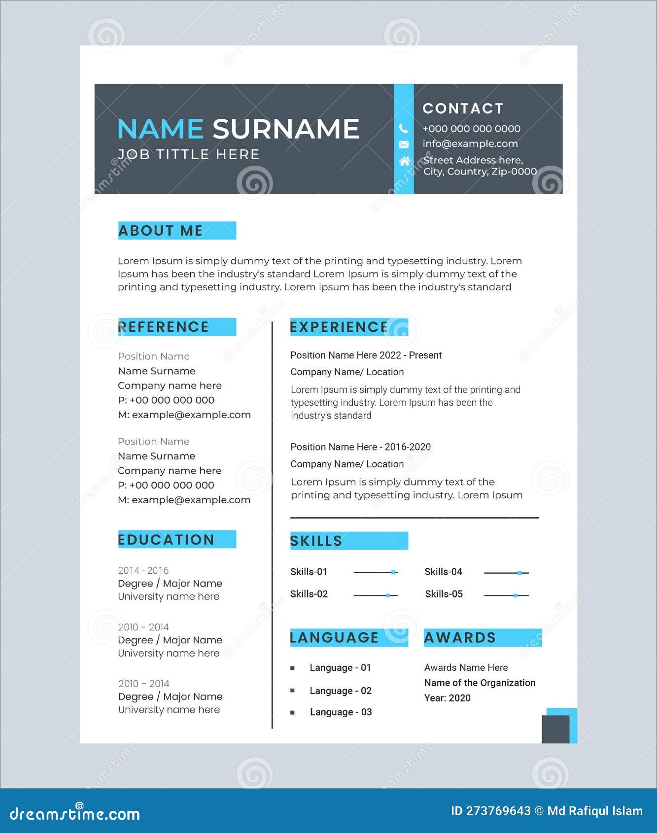 Resume Template with Blue Elements, Vector Eps10 Illustration. Stock ...