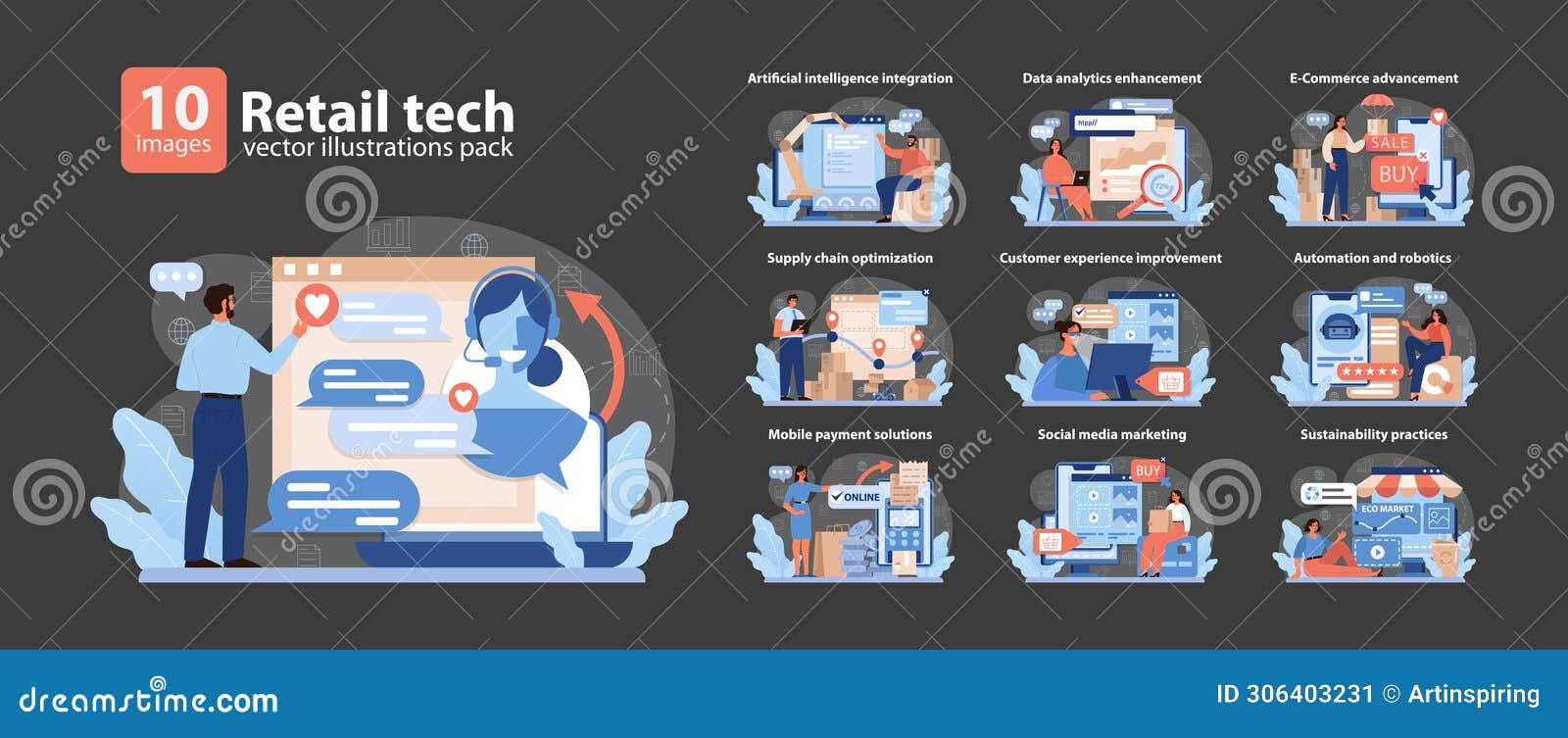 Retail Tech Vector Illustrations Pack. A Dynamic Showcase Of Technology Integration In Retail ...