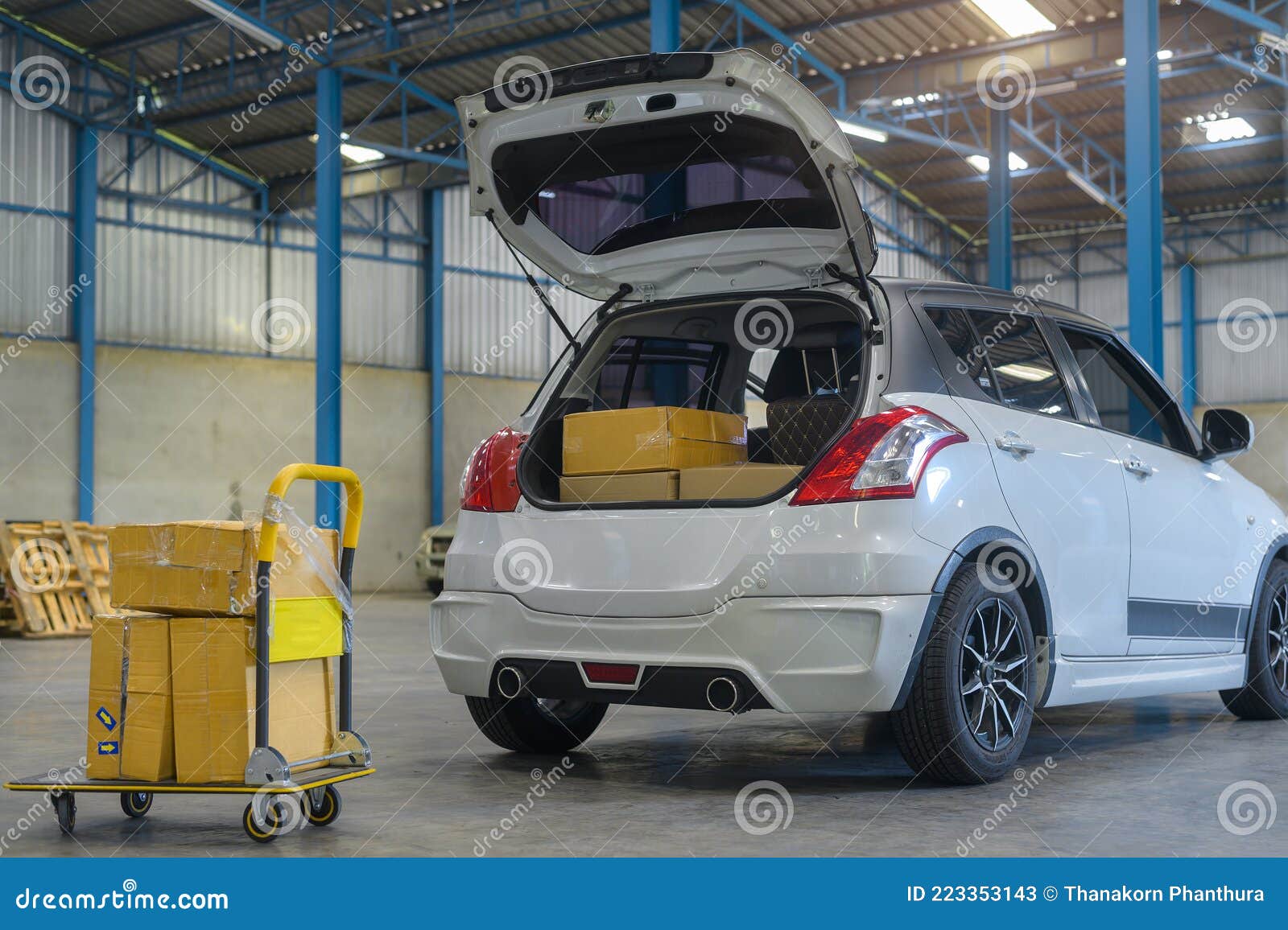 Retailer Loading Cardboard Box into Car Trunk in Warehouse, Package ...