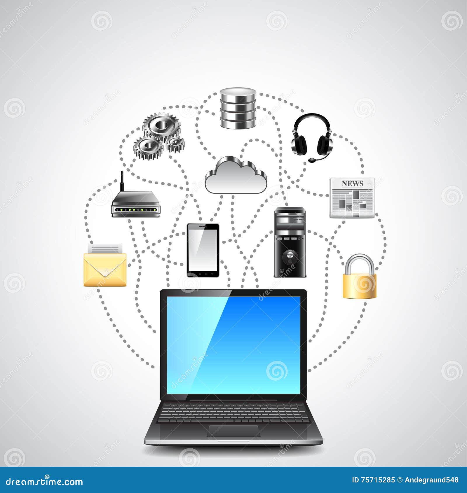 Rete Di Computer, Computer Portatile E Vettore Variopinto Delle Icone ...