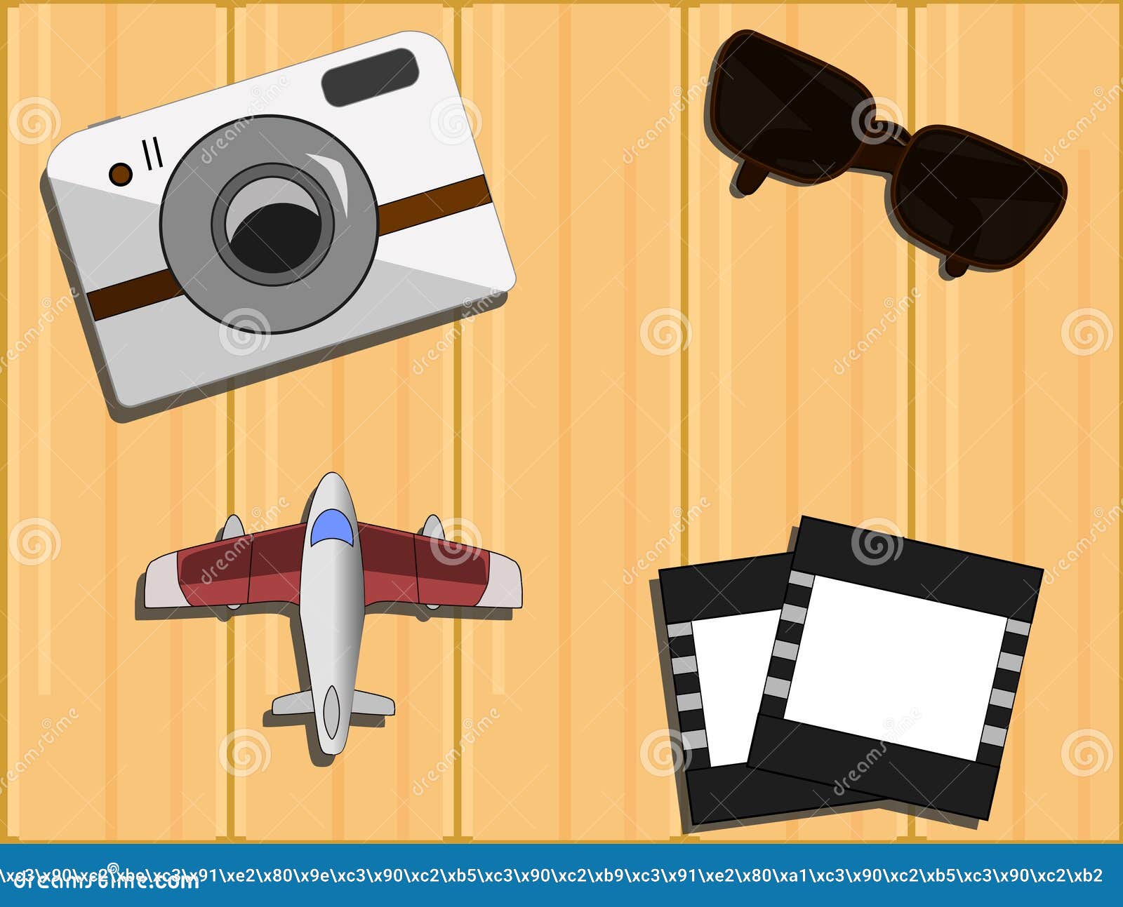 Top View of the Set Objects for Travelling on Wooden Background. Flat ...