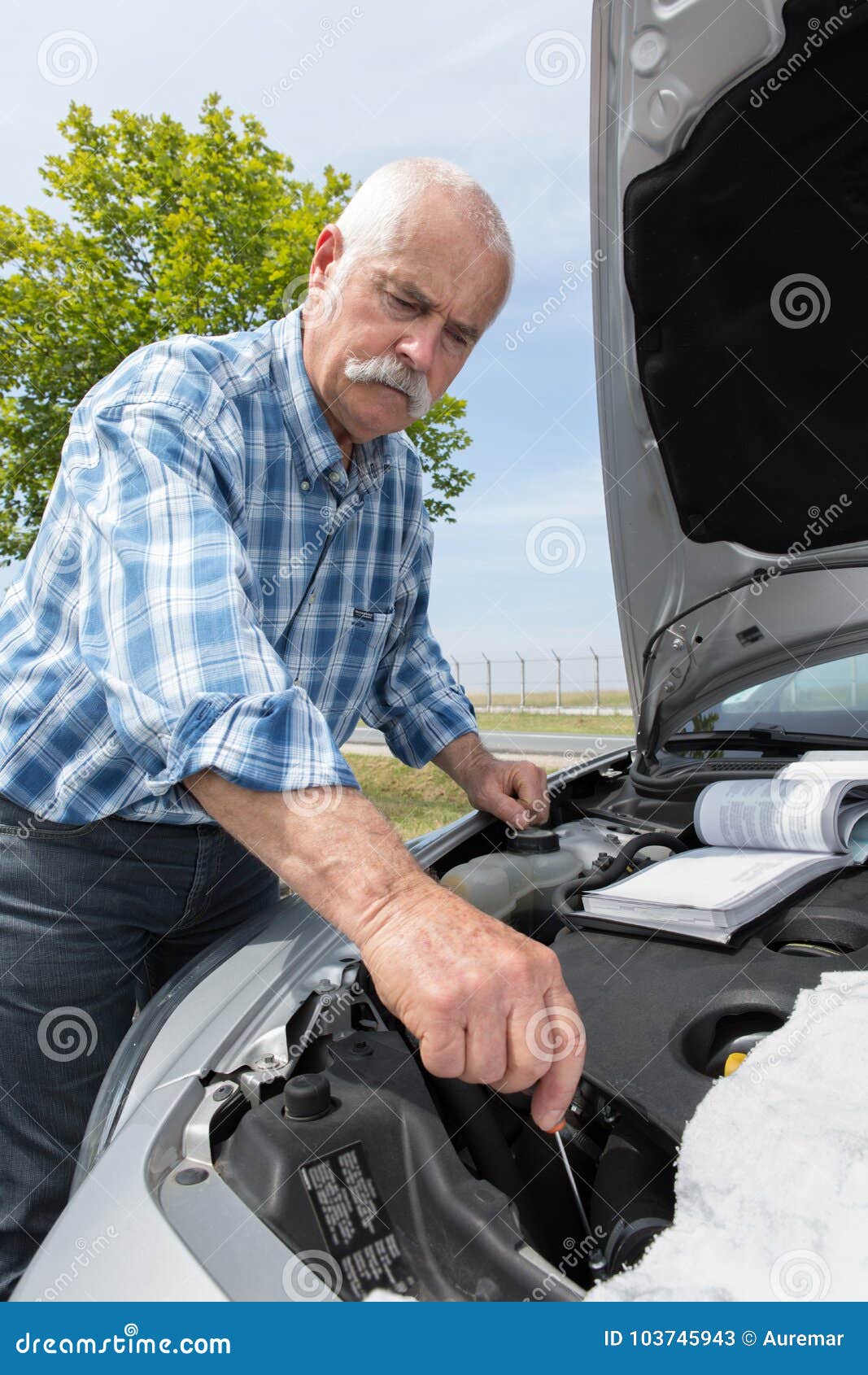 Retired Man Servicing Car Engine Stock Image - Image of mowing, motor ...