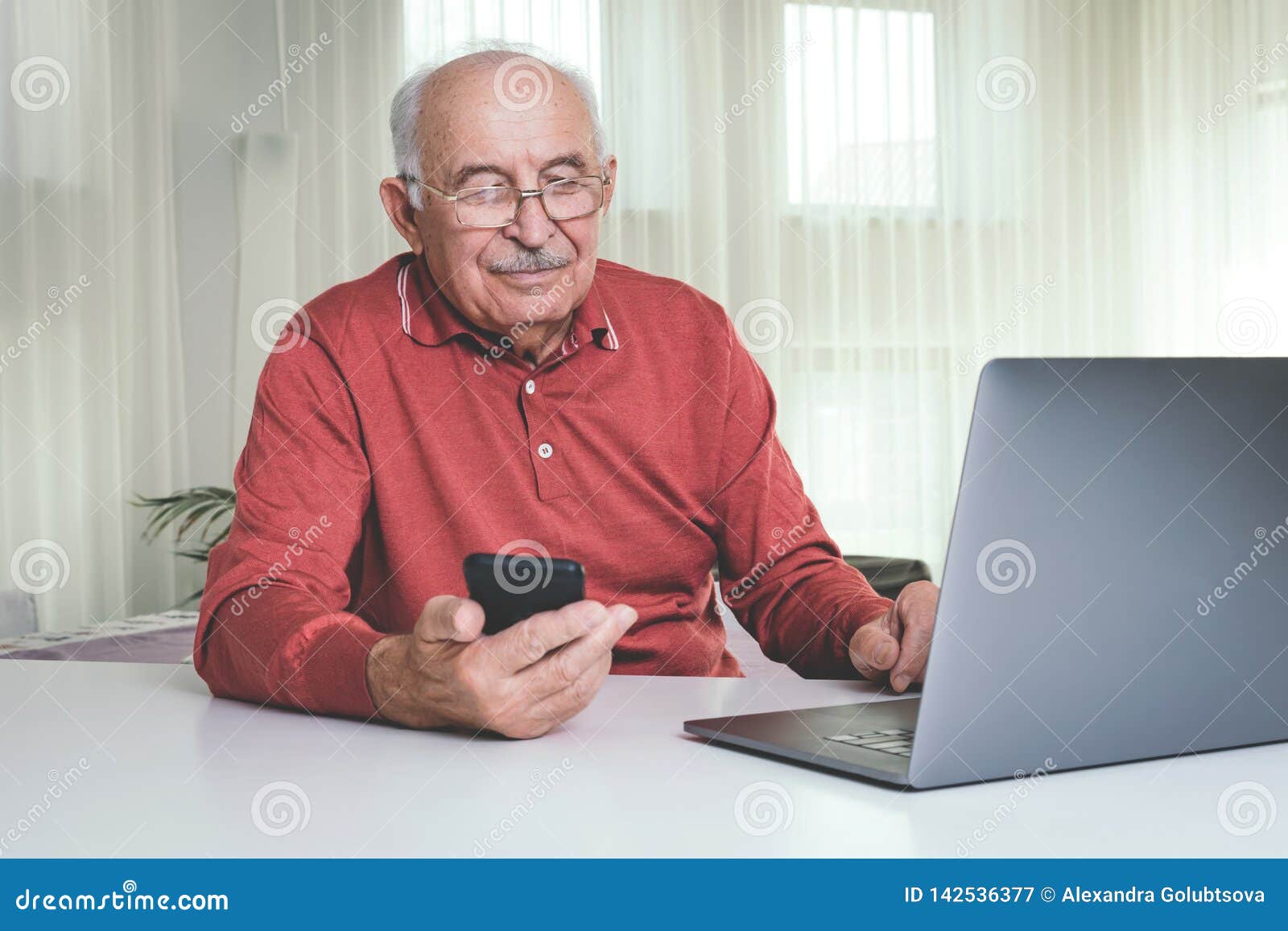 Retired Man Using Computer Technologies at Home Stock Image - Image of ...