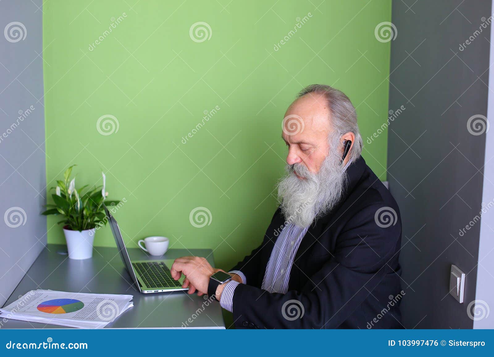 Retired Old Men with Beard Freelance and Works Remotely at Compu Stock ...