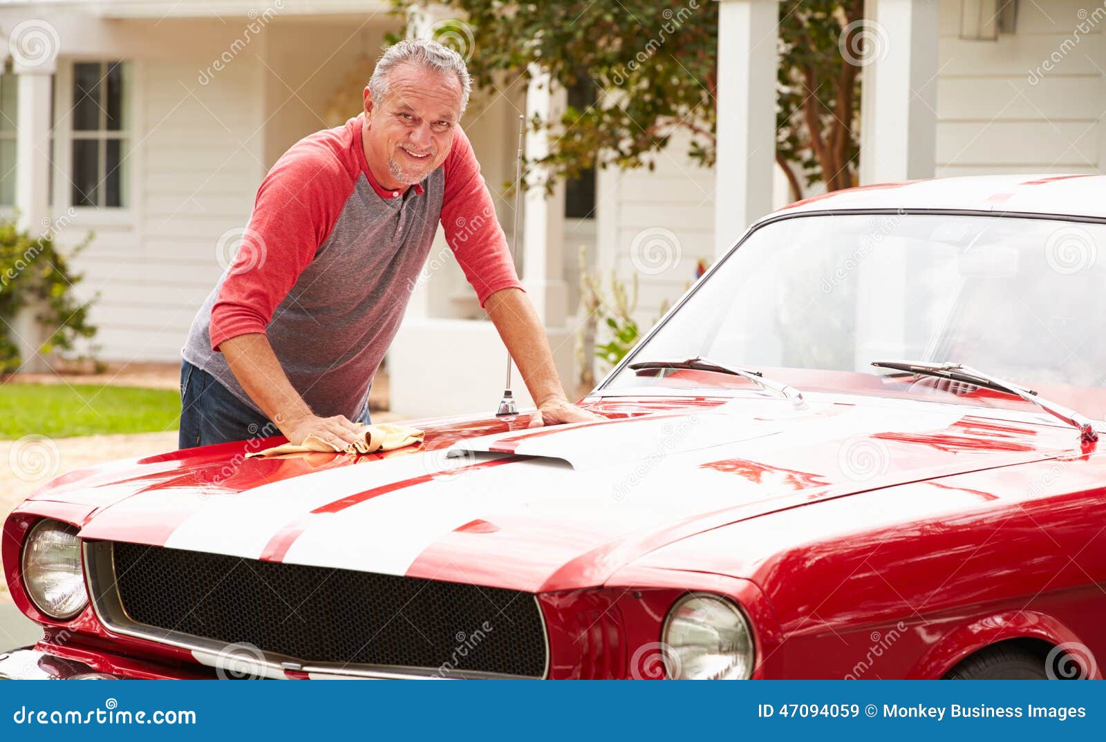 Retired Senior Man Cleaning Restored Classic Car Stock Image - Image of ...