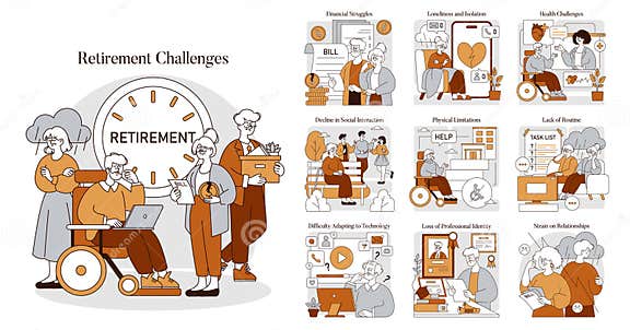 Retirement Challenges. Flat Vector Illustration Stock Illustration ...
