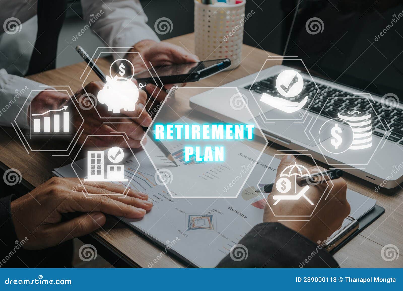 Business Team Analyzing Income Charts and Graphs with Retirement Plan ...