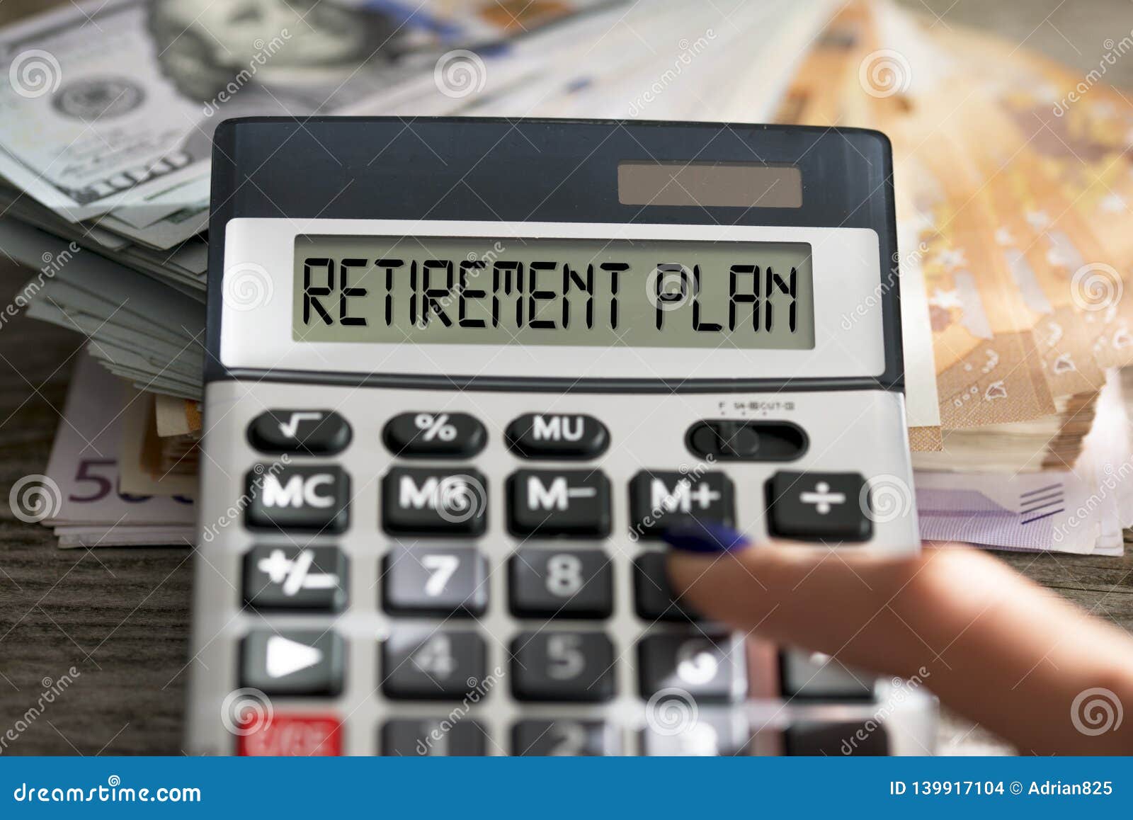 Retirement Plan Concept with Stack of Money and Office Calculating ...