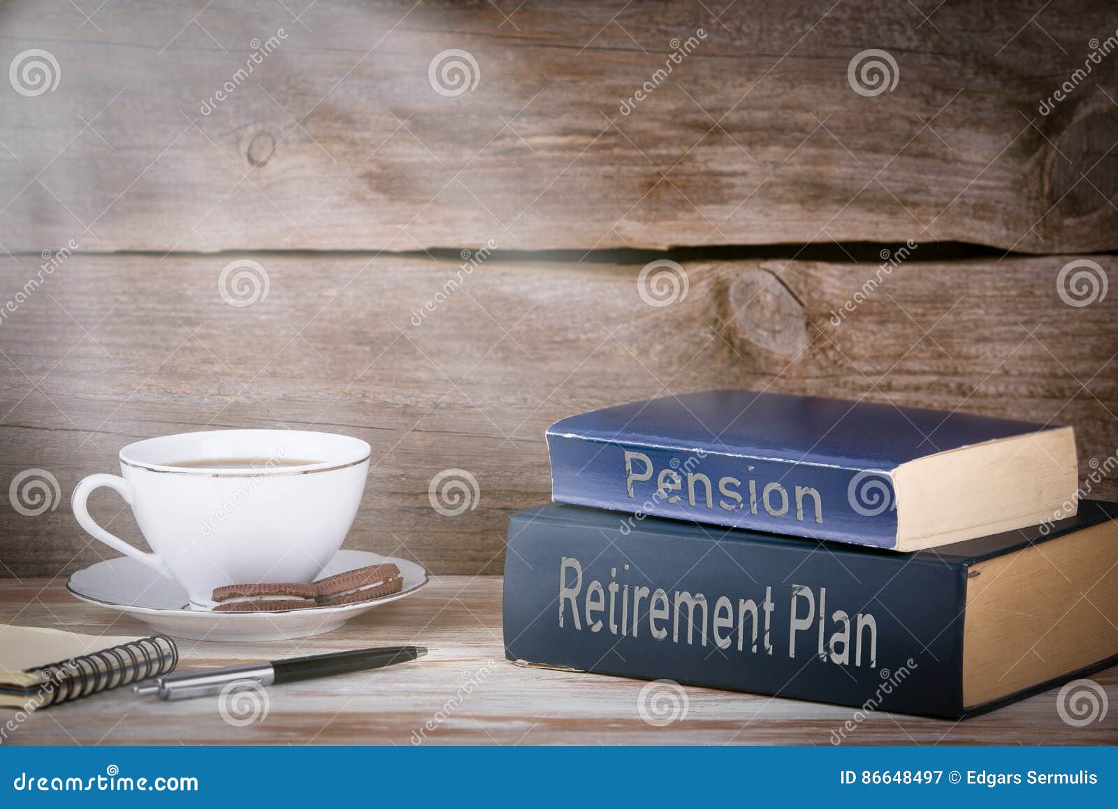 Retirement Plan and Pension. Stack of Books on Wooden Desk Stock Image ...