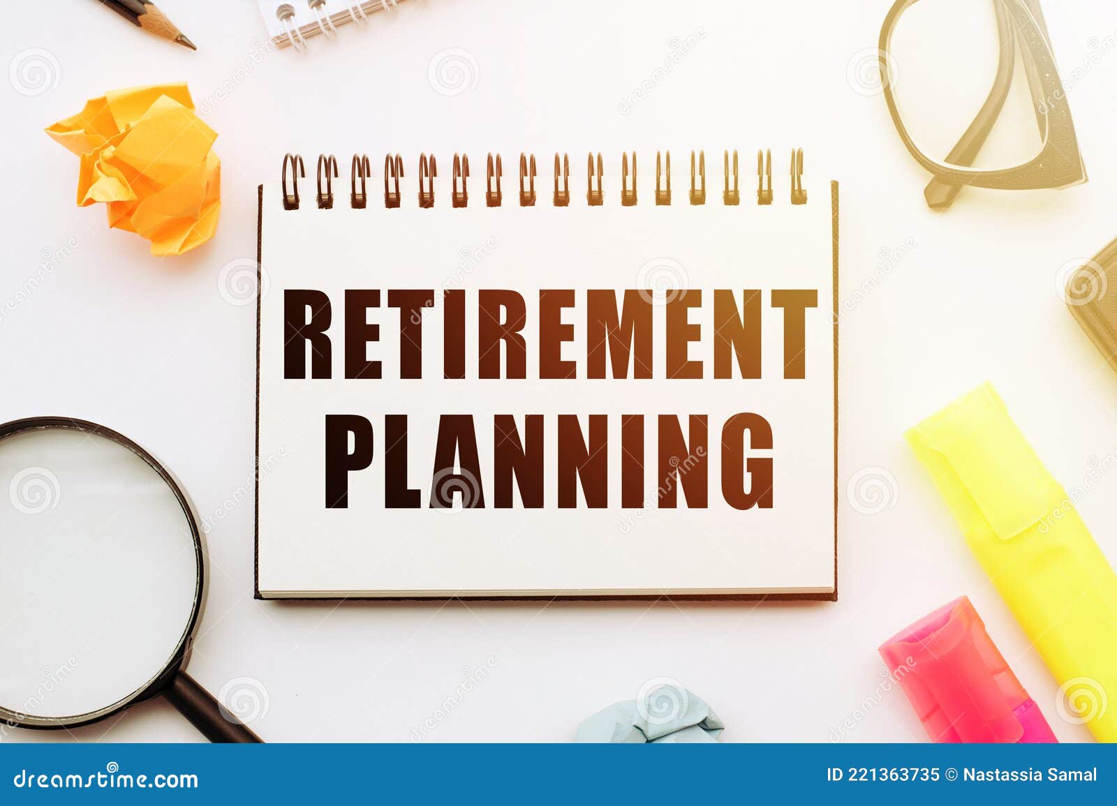 RETIREMENT PLANNING, Text in Notebook on White Table with Office Tools ...