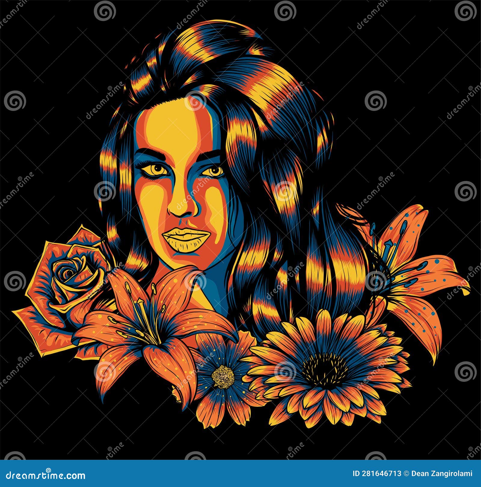 Retrato De Joven Hermosa Mujer Con Flores Sobre Fondo Negro Ilustración ... Retrato De Joven Hermosa Mujer Con Flores Sobre Fondo Negro Ilustración ...