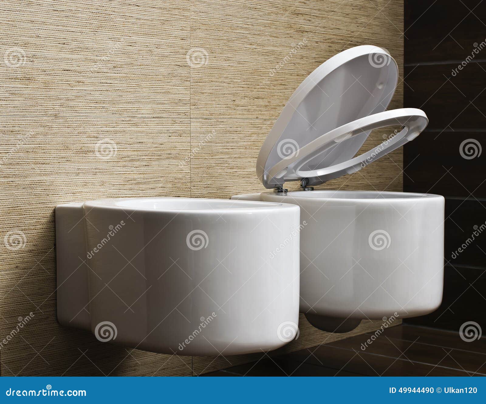 Retrete Moderno Con La Teja Beige En La Pared Foto de archivo - Imagen ...