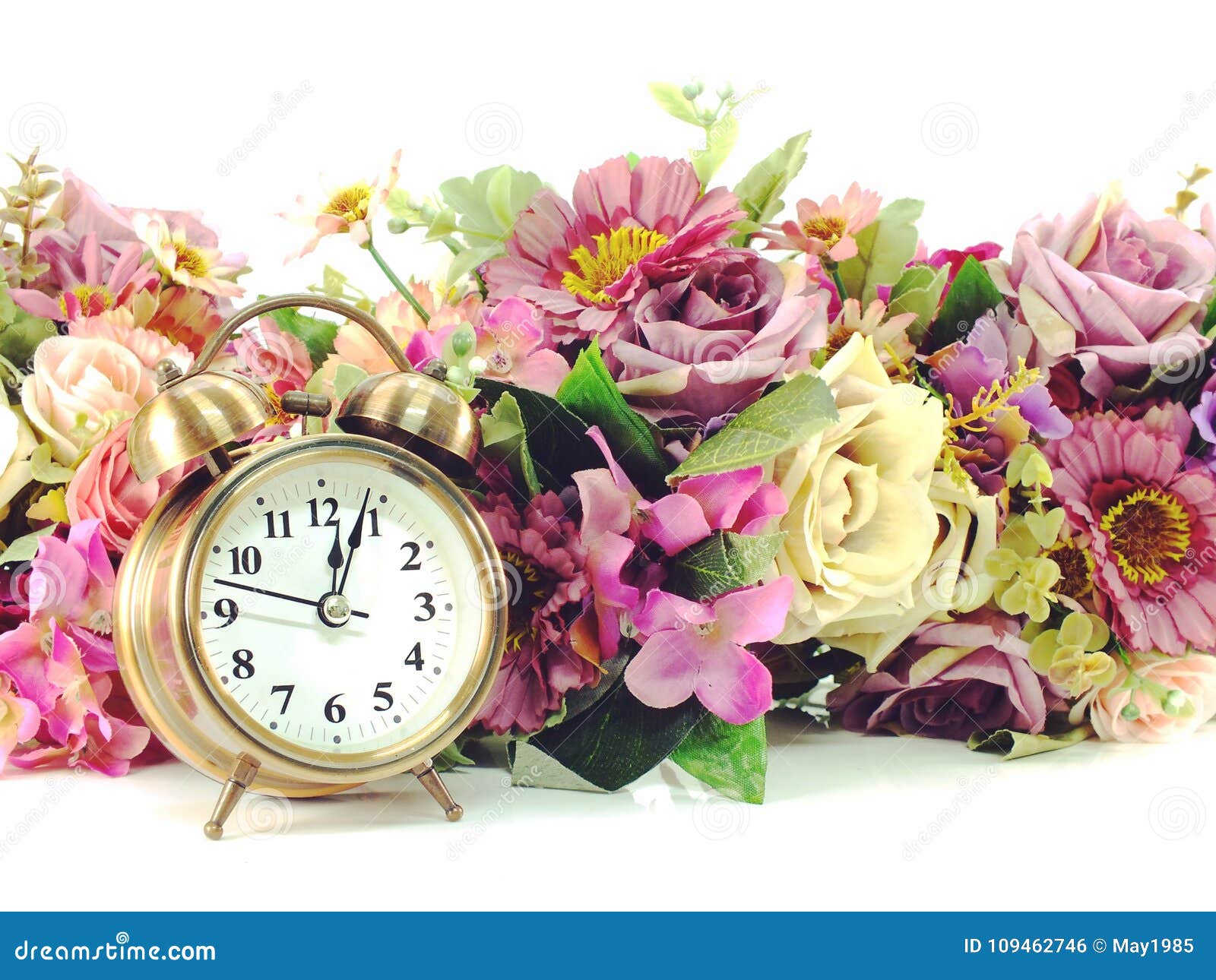 Retro Alarm Clock with Flowers on White Background Stock Photo - Image ...