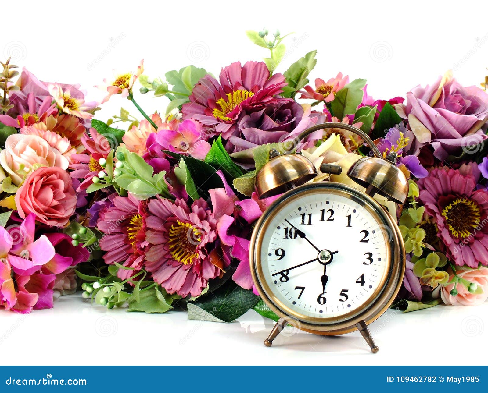 Retro Alarm Clock with Flowers on White Background Stock Photo - Image ...