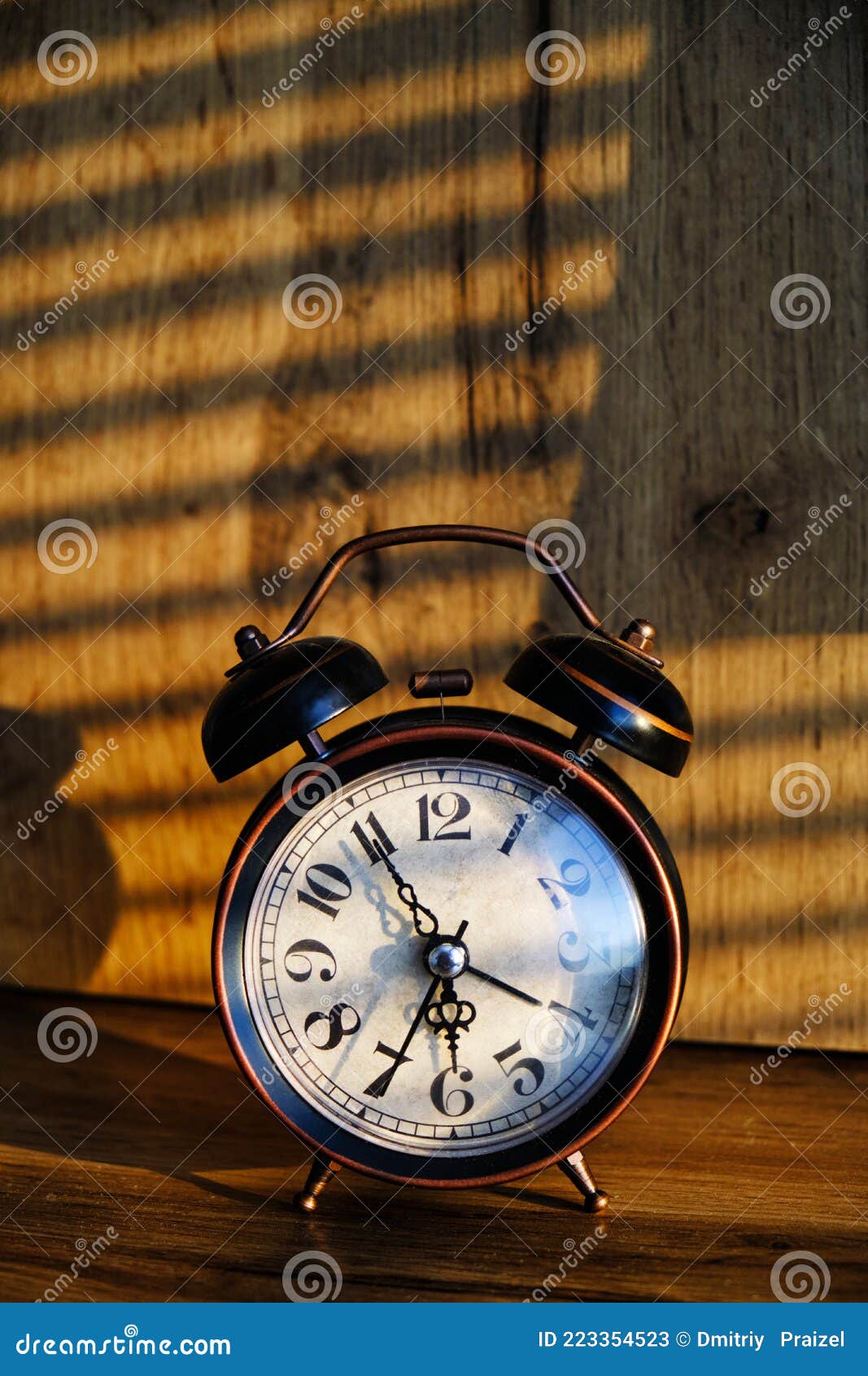 Retro Alarm Clock Early Morning on Table Rays Sunlight through Blinds ...