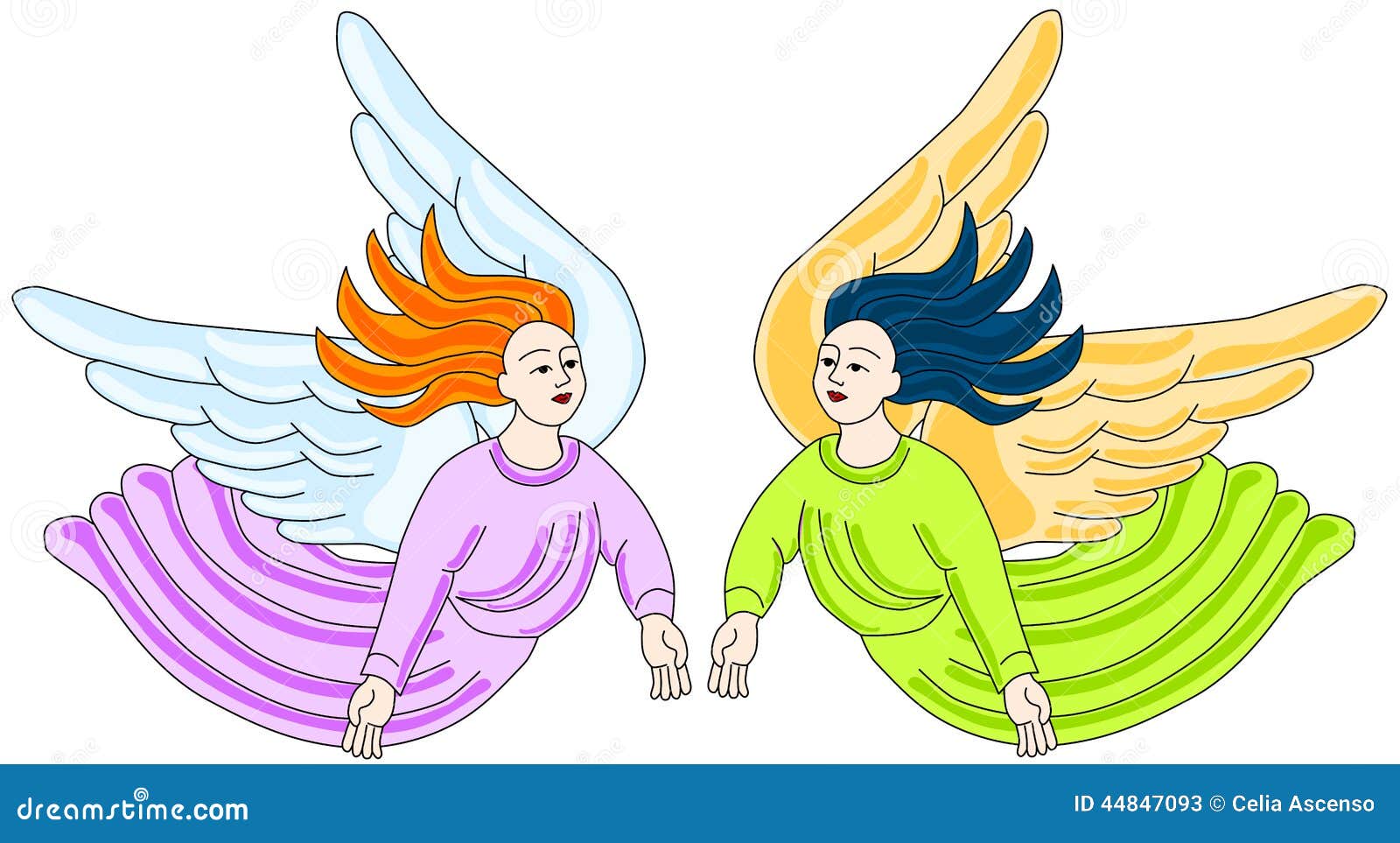 Angels Flying In Sky With Stars Line Drawing, Vector Illustration ...