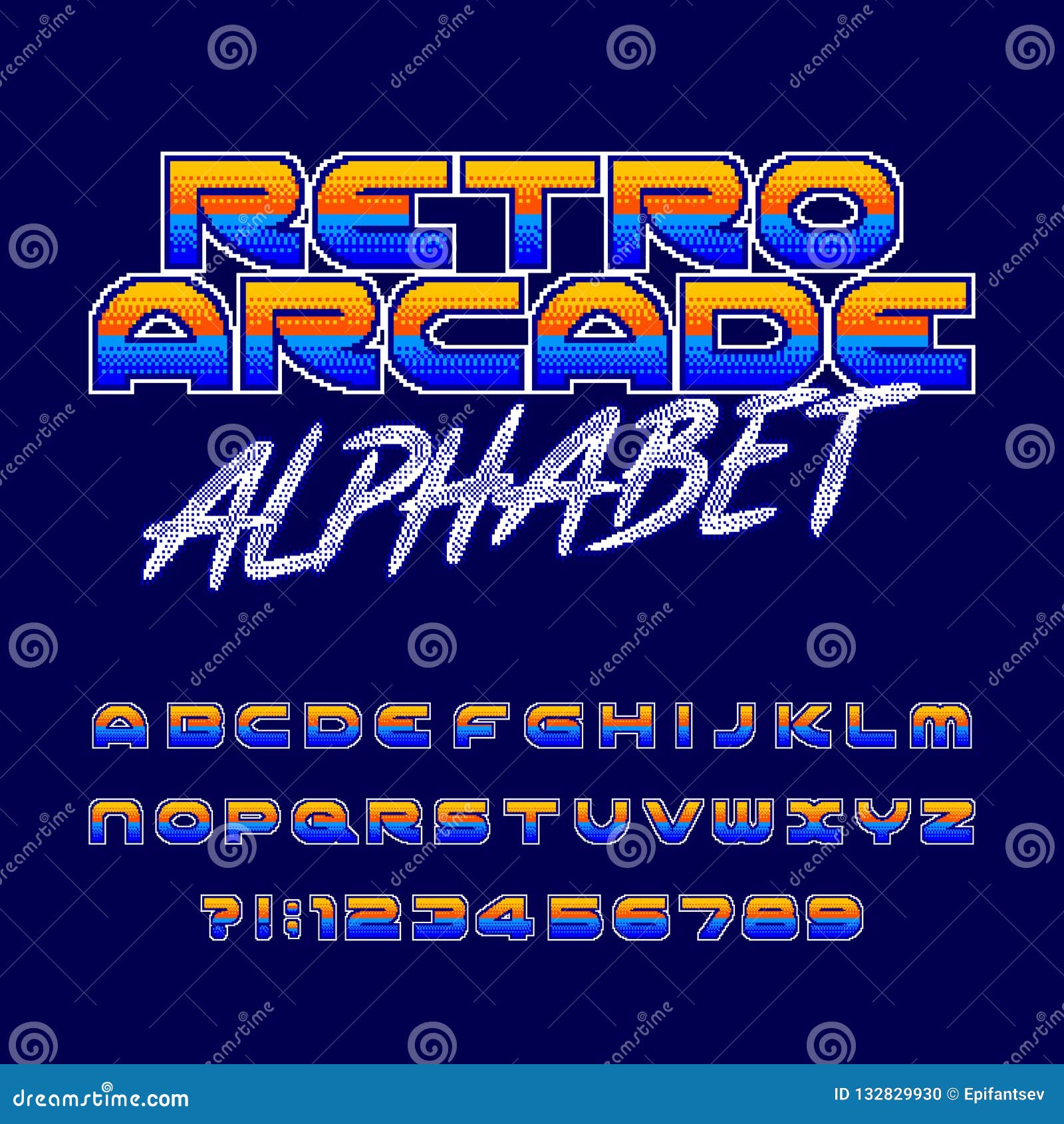 Retro Arcade Alphabet Font. Pixel Gradient Letters and Numbers Stock ... Retro Arcade Alphabet Font. Pixel Gradient Letters and Numbers Stock ...
