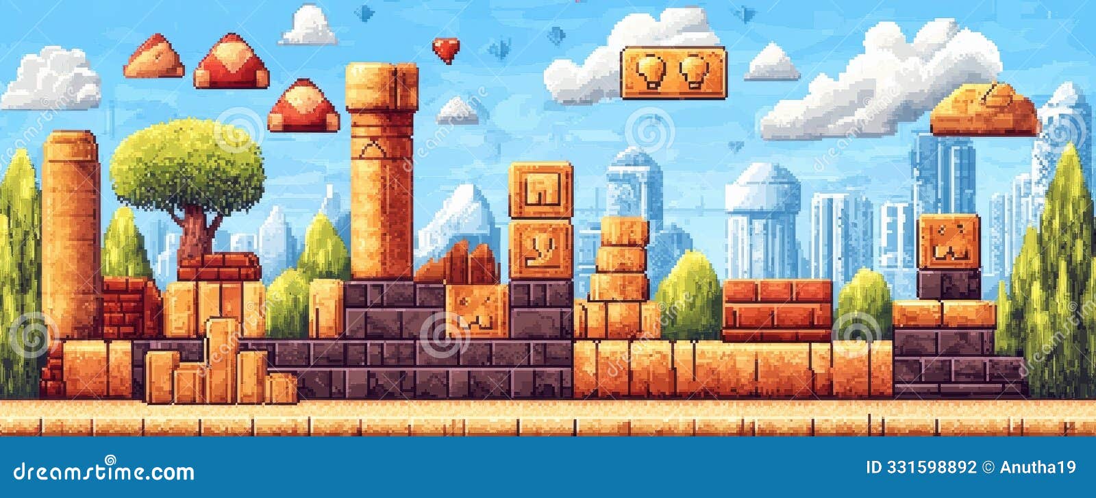 Retro Arcade Game Backdrop Featuring Pixel Art Bricks and Platforms in ...