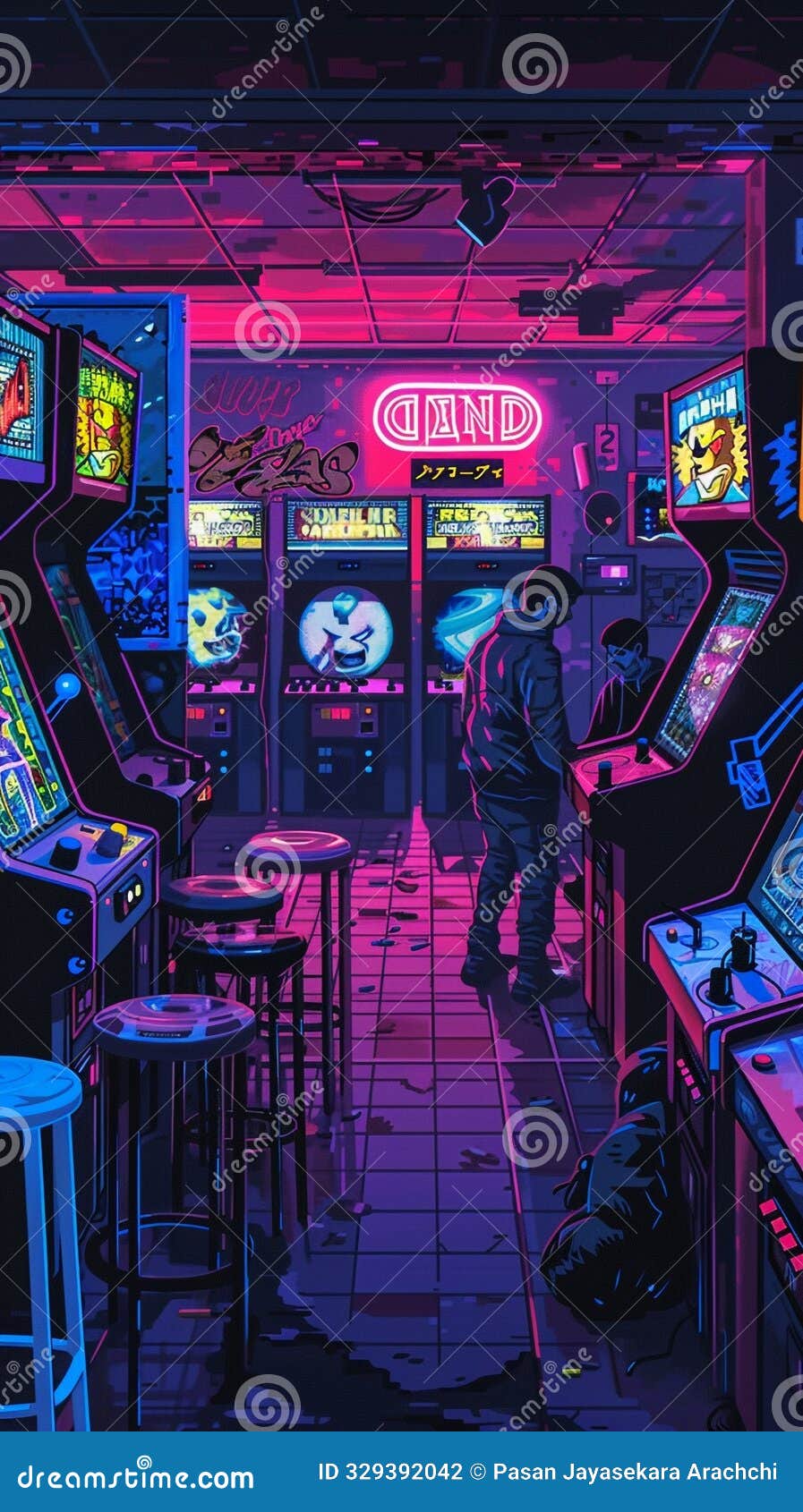 Retro Arcade with Glowing Neon Signs and Pixel Art Characters Stock ...