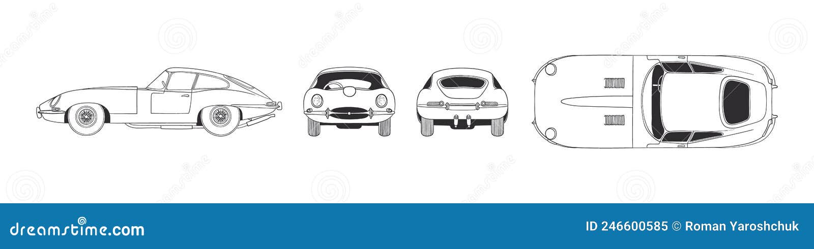 Retro Automobile. Hand Drawn Car Front Back Top and Side View Stock ...