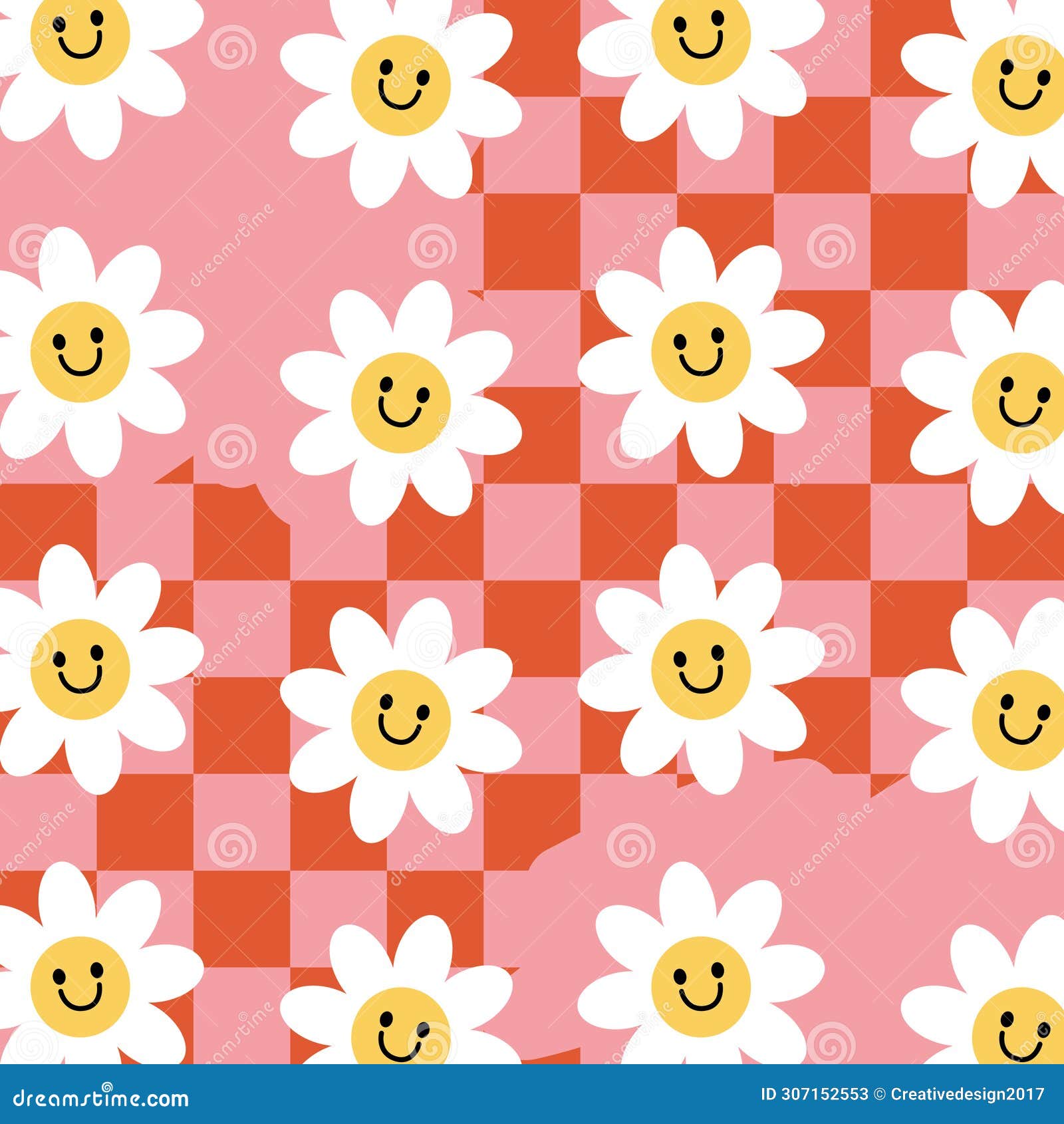 Cute Flowers with Faces on a Patterned Background Over Pink and Red ...