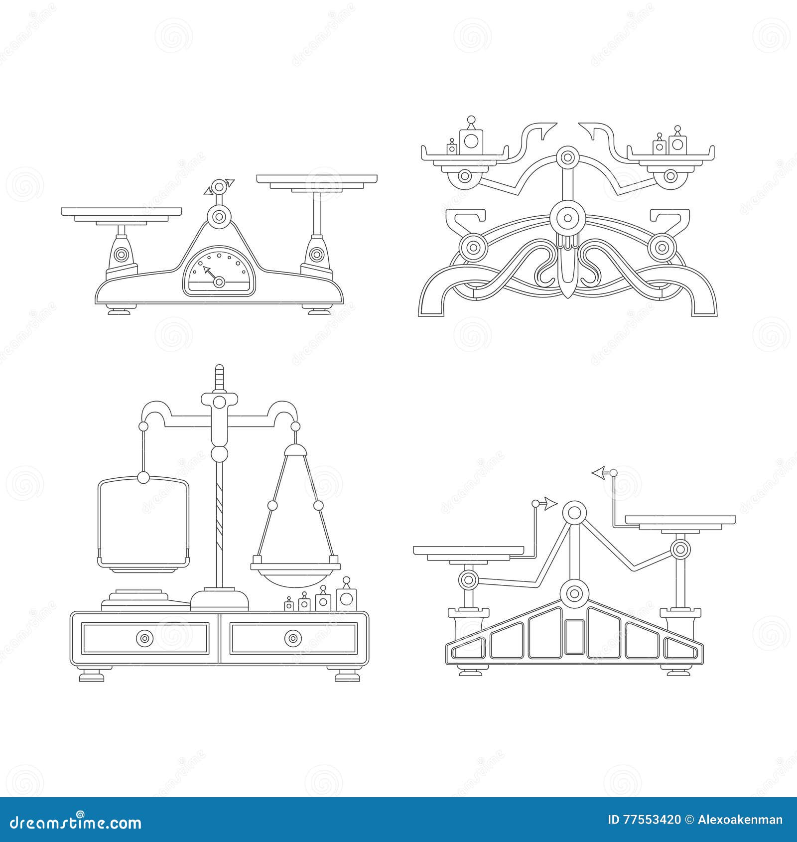 Retro Balance Scales Set in Outline Style Stock Vector - Illustration ...