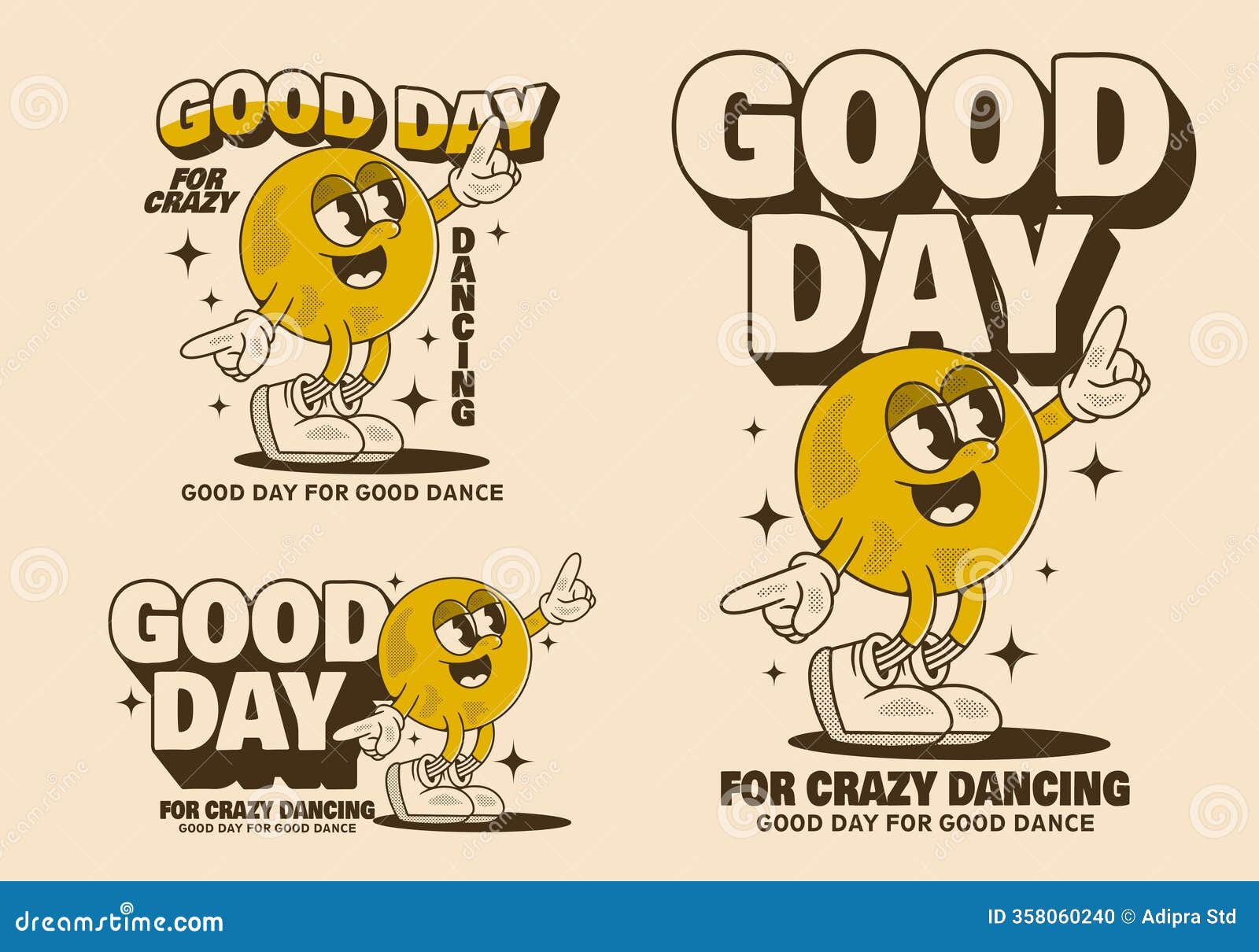 Retro Ball Head Character in Dance Pose in 3 Version Stock Illustration ...