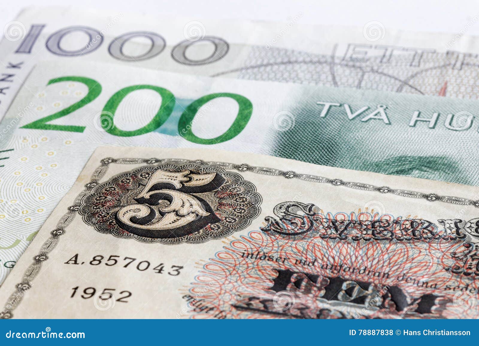Retro Bank Notes 5, 200 and 1000 SEK Swedish Currency Stock Photo ...