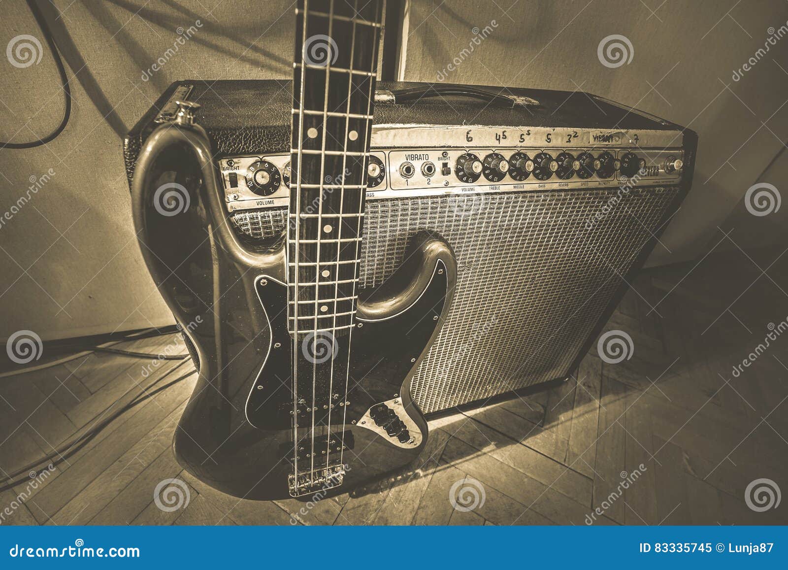 Retro Bass Guitar with Amplifier Stock Image - Image of equipment ...