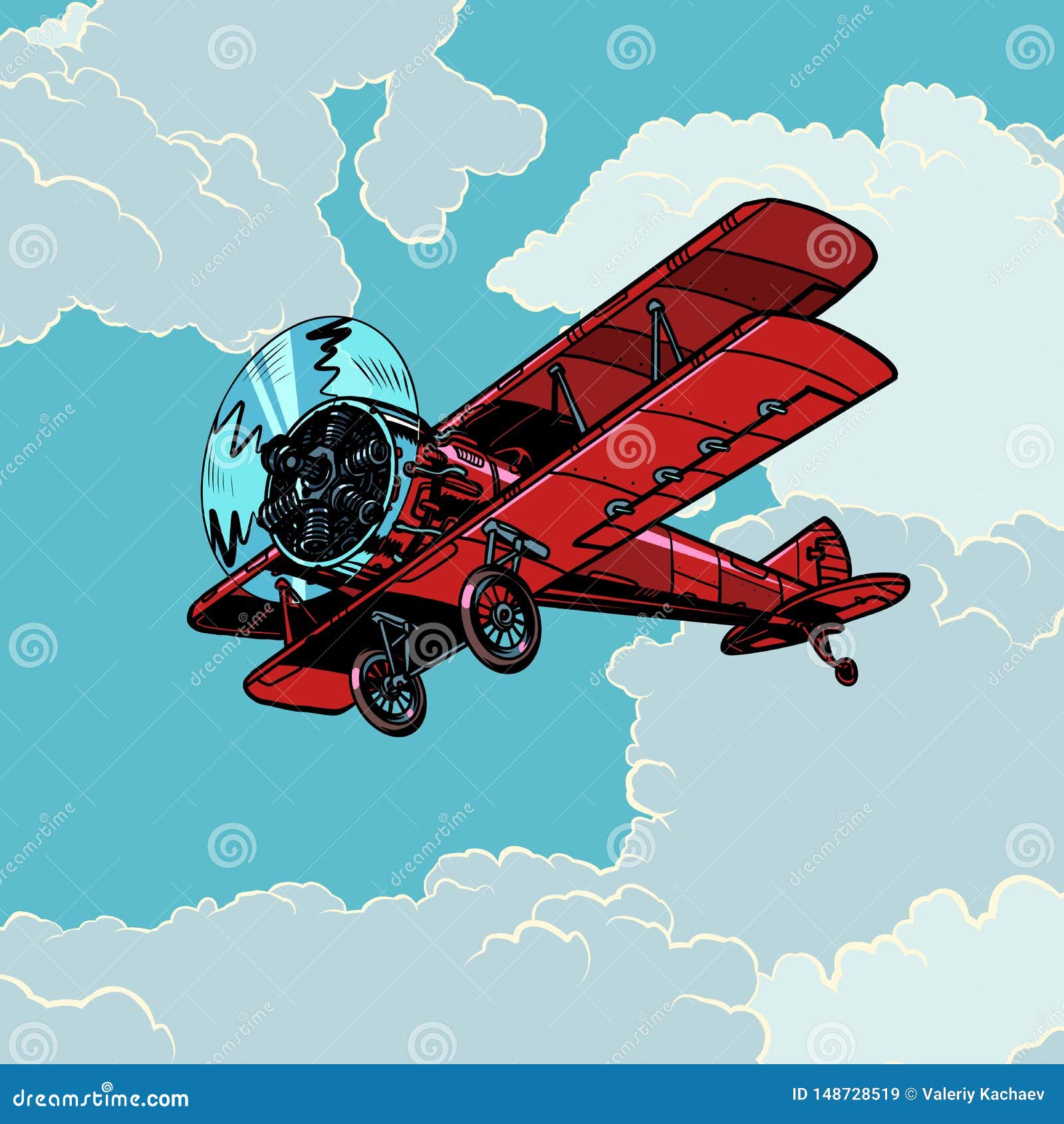 Retro Biplane Plane Flying in the Clouds Stock Vector - Illustration of ...