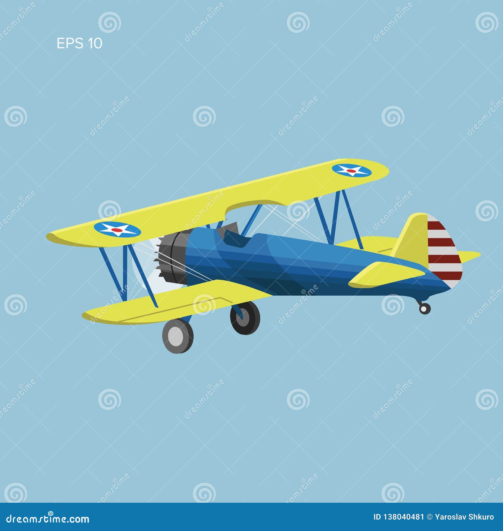 Retro Biplane Plane Vector Illusration. Vintage Piston Engine Airplane ...