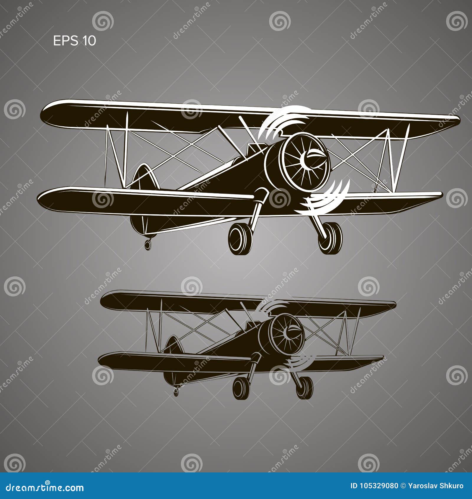 Retro Biplane Plane Vector Illustration. Vintage Piston Engine Airplane ...